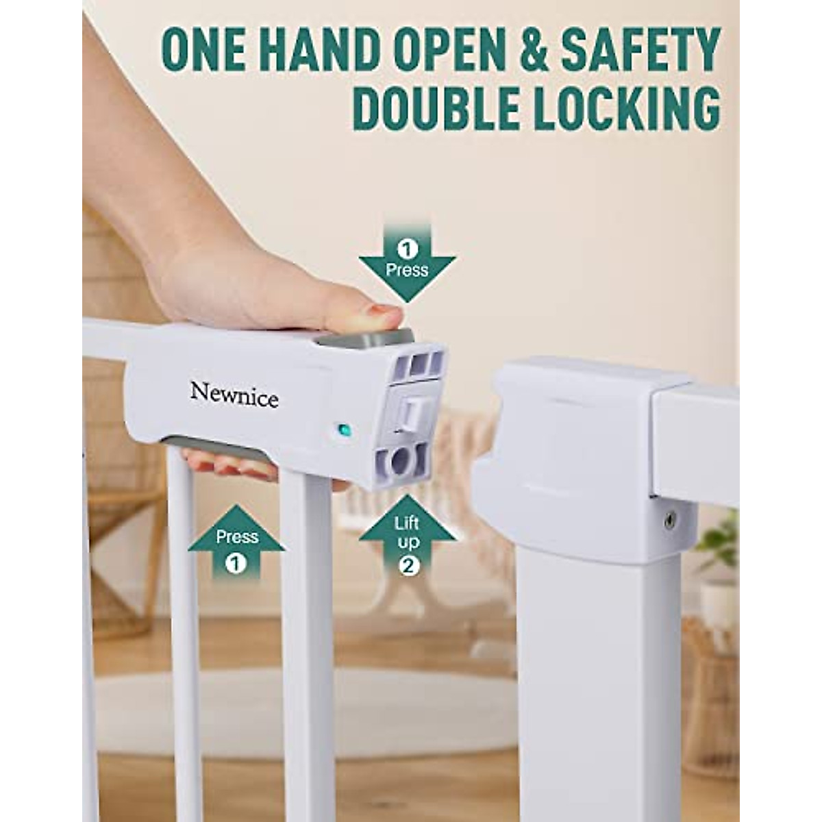 Newnice 29.7"-46" Safety Baby Gate for Stairs, Auto Close Pressure Mounted Easy Walk Thru Dog Pet Gate for The House, Doorways, Extra Wide Child Gates for Kids Toddler, White