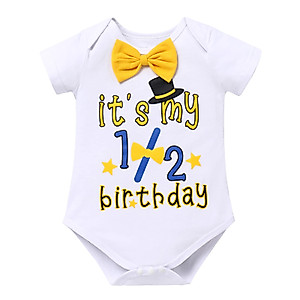 It's My 1/2 Birthday Cake Smash Outfit for Baby Boy Half 6 Months Party Photo Shooting Set Bow Tie Cotton Short Sleeve Romper Y-back Suspenders Diaper Cover Shorts Pants Crown Headband 4pcs Royal Blue