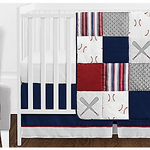 Sweet Jojo Designs Red, White and Blue Baseball Patch Sports Baby Boy Crib Bedding Set - 11 Pieces - Grey Patchwork Stripe