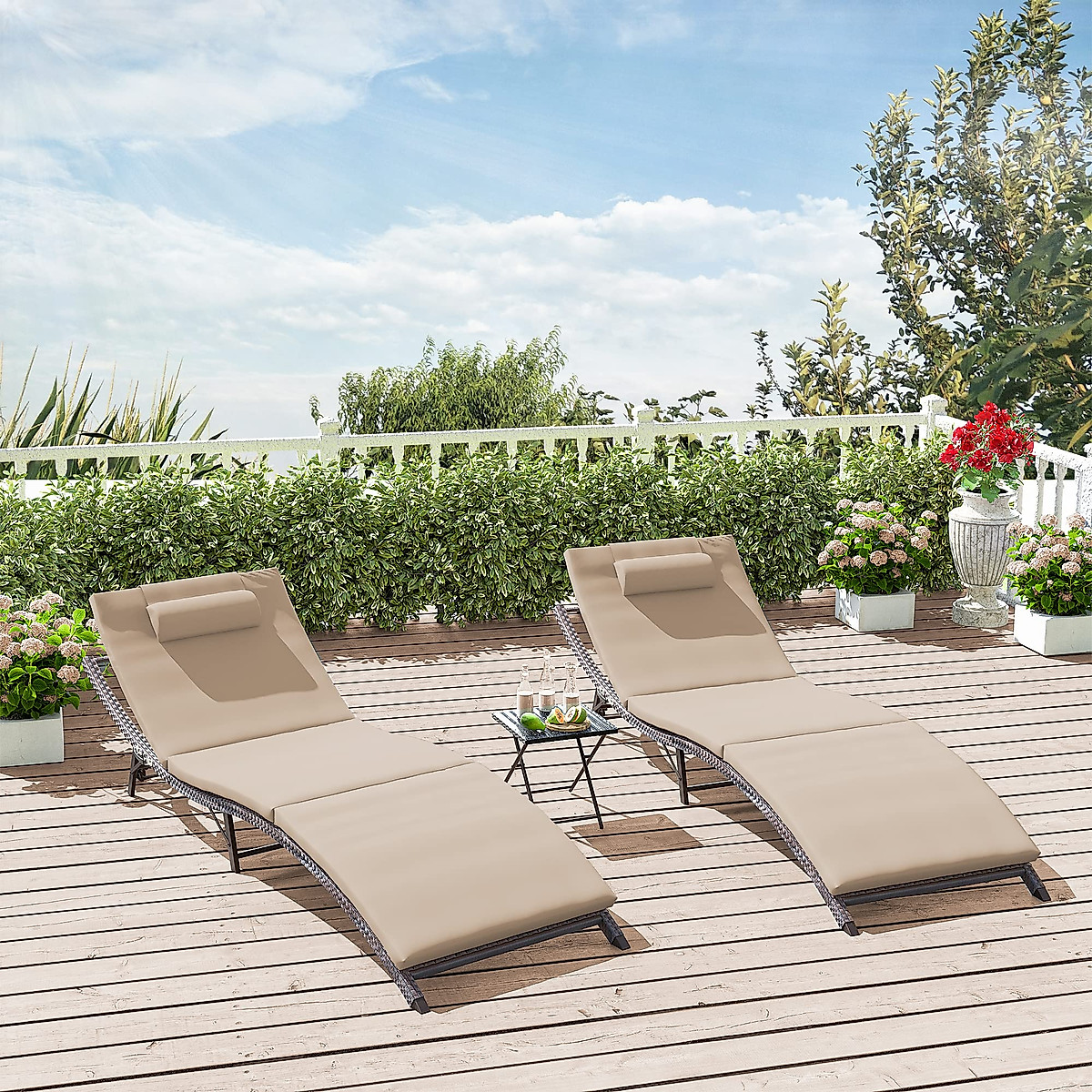 ASJMR Patio Chaise Lounge Set 3 Pieces Outdoor Lounge Chair with Rattan Adjustable Backrest and Folding Table for Beach Patio,Sand, for Poolside Backyard Porch