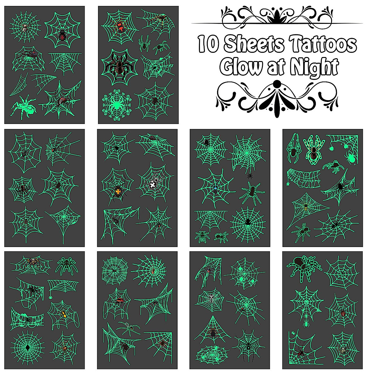 Cerlaza 10 Sheets Glow Spider Web Temporary Tattoos for Halloween Decorations, Fake Small Spider Tattoos for Halloween Party Games Favors, Halloween Treats Gifts for Adults Kids