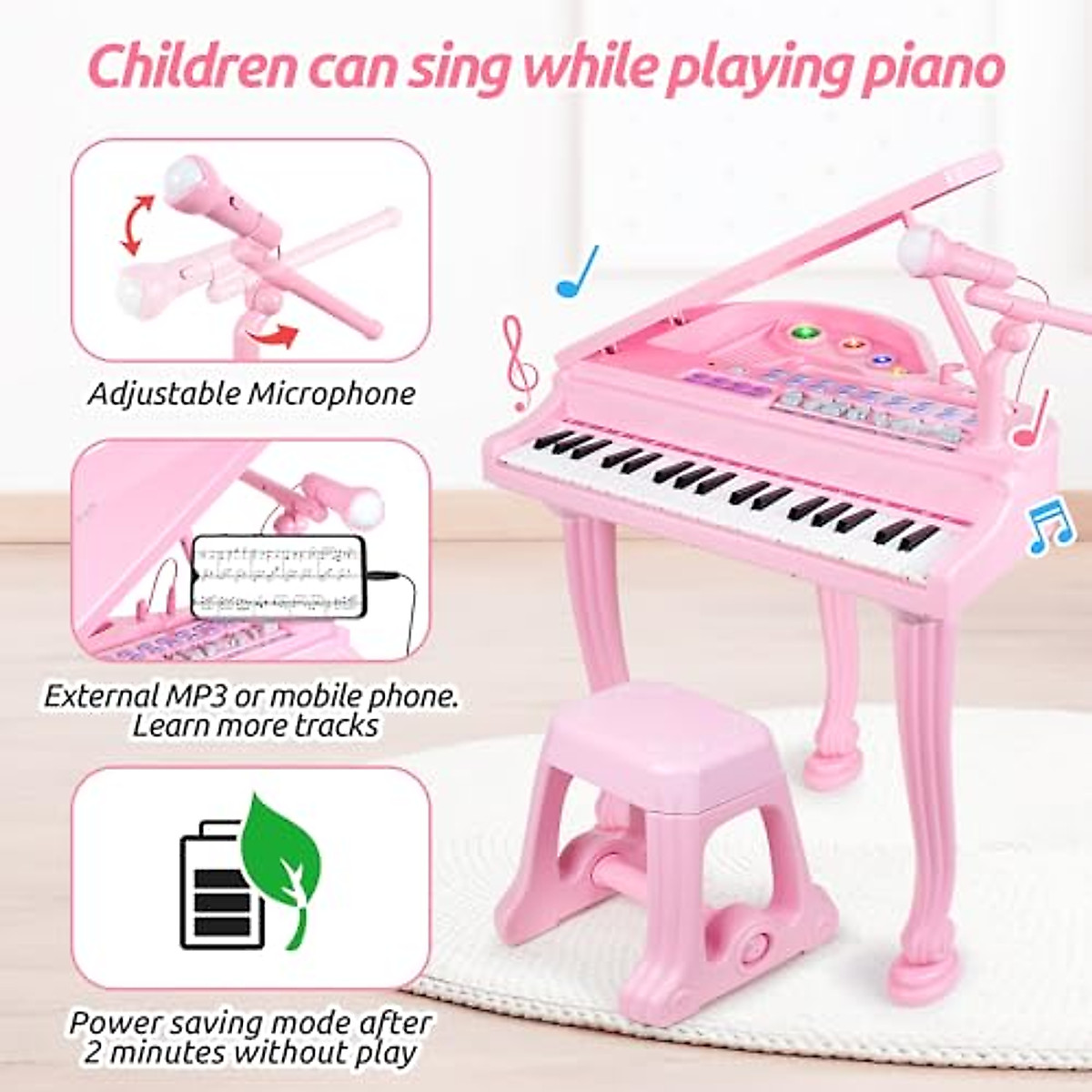 Kids Piano Keyboard Toys 37 Keys,Grand Piano for Beginners,3 4 5 6 Years Old Toddler Girl Boy Gift,Educational Musical Instrument,w/Microphone,Stool,Piano Lid,Lights,Note Stickers,Enamel Finish- Pink