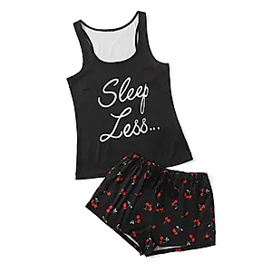 Floerns Women's Cute Sleeveless Tank Top and Shorts Sleepwear Pajama Set Black S