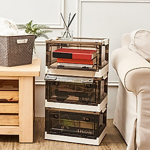 EZOWare 25 Quart Stackable Lidded Plastic Storage Bin with 3 Ways Opening and Wheels, 4 Pack Foldable Organizer Cube Container with Latch Lid for Bedroom, Closet, Home White & Clear Black