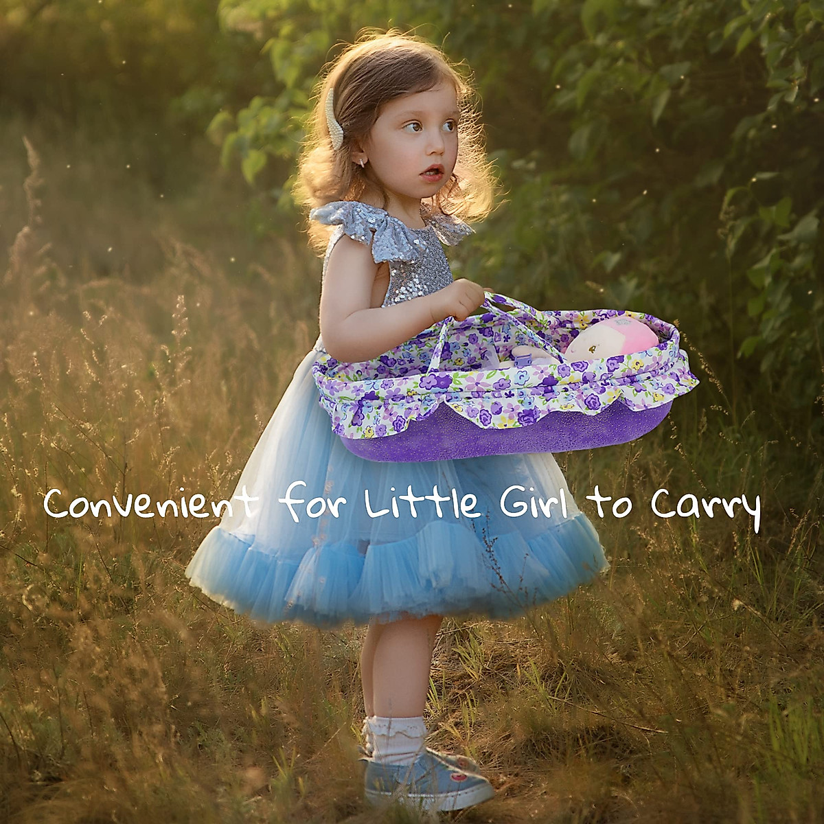 June Garden Cozy Dream Doll Bassinet - Baby Doll Portable Carrier - Fits for American Girl Dolls up to 18" - Soft Pillow & Safety Buckle Included - Purple