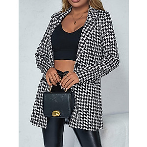Floerns Women's Casual Work Office Open Front Striped Blazer Black White Houndstooth S