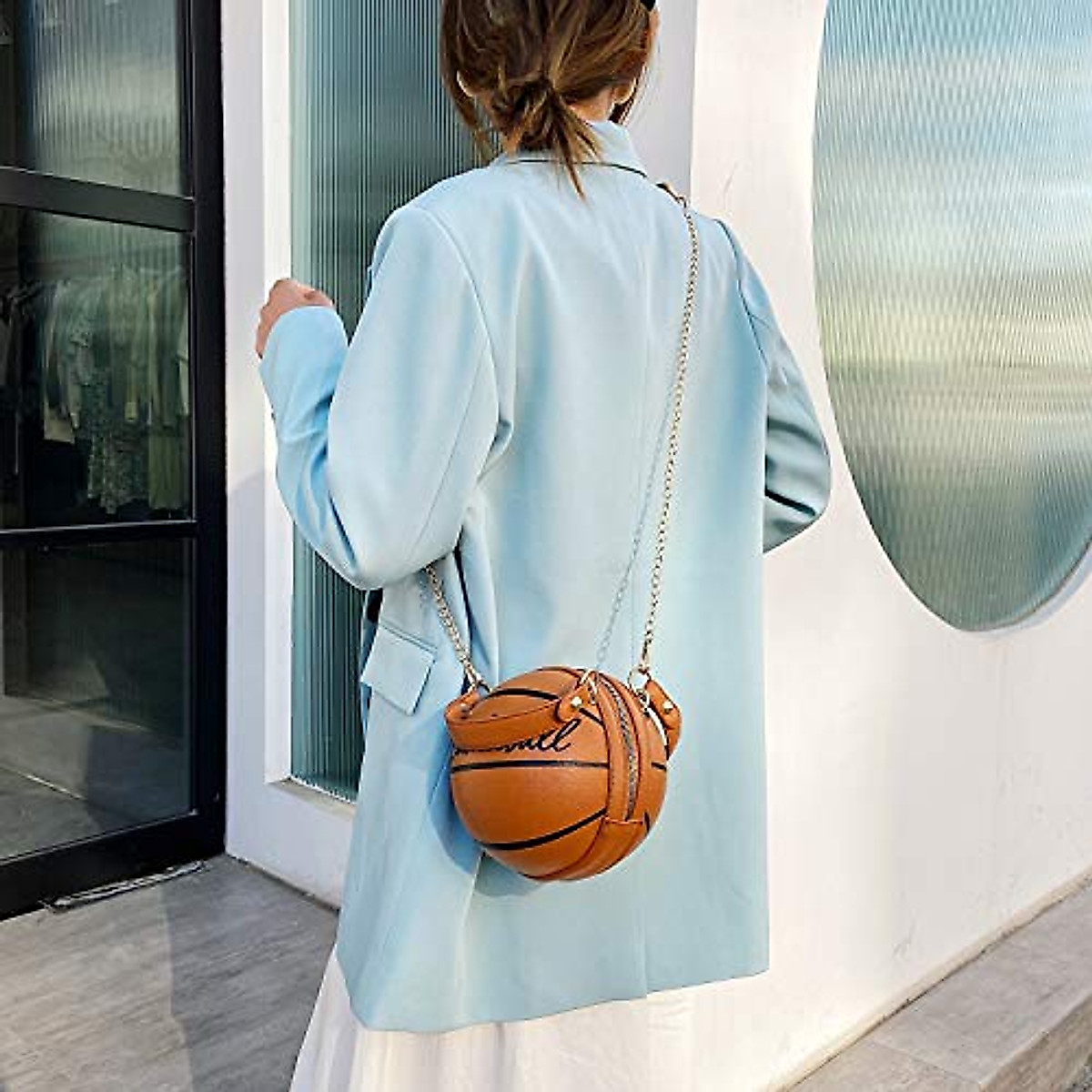 Women Basketball Shaped Cross Body Messenger Bag Purse Tote Mini Shoulder PU Leather Round Handbag for Girls（Brown