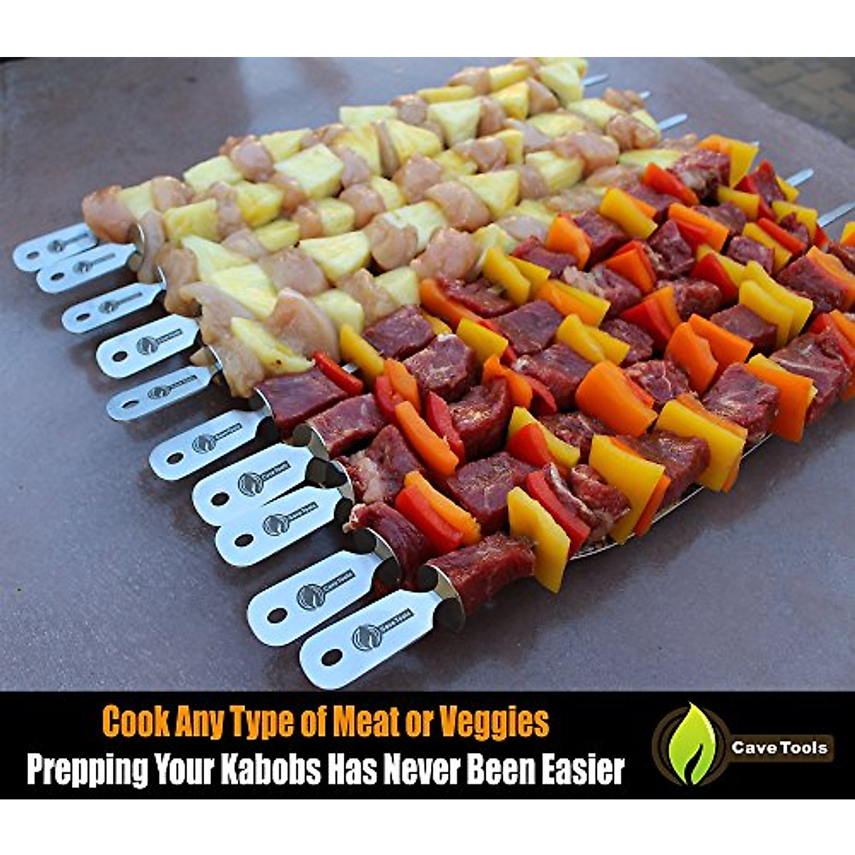 Cave Tools Skewers Set - 10 Stainless Steel Wide BBQ Kebob Sticks for BBQ Grill - Flat Metal with Food Remover Disc - BBQ Accessories, 17.3 Inch