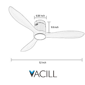 VACILL Flush Mount Ceiling Fan with Light,Low Profile Ceiling Fan,Wooden Fan Blades,6 Speed,LED Dimmable,DC Motor,52 inch,Amber Wood Blade