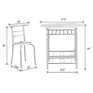 VECELO 3 Piece Small Round Dining Table Set for Kitchen Breakfast Nook, Wood Grain Tabletop with Wine Storage Rack, Save Space, 31.5", White & Silver