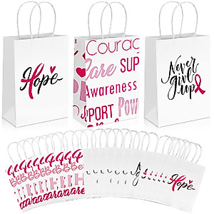 24 Pack Breast Cancer Awareness Bags Pink Ribbon Paper Bag Breast Cancer Gift Bag with Handle Faith Courage Hope Treat Bags for Breast Cancer Awareness Charity Theme Party Favor Supplies
