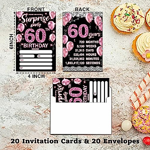 60th Birthday Party Invitations, 60 Year Old Rose Gold Surprise Birthday Invitations Cards for Women, Adult Fill in The Blank Birthday Party Invites, 20 Invitation Cards With 20 Envelopes -e11
