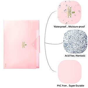 SKYDUE Expanding File Folders 5 Pockets File Folder with Snap Closure A4 and Letter Size Accordion Document Paper Organizer for Home School Office (Pink)