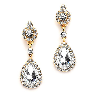 Mariell Gold Clip-On Earrings with Austrian Crystal Teardrop Dangles - Prom & Bridal Chandelier Clip Ons