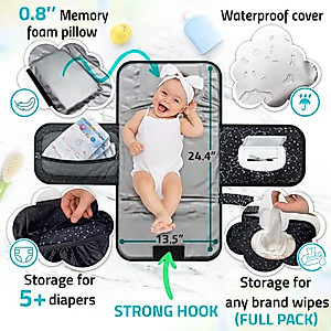 Portable Baby Diaper Changing Pad - w/Soft Built-in Pillow & Strap for Strollers - Comfortable, Lightweight & Waterproof - Made with Premium Materials - Great for Newborn Girls & Boys & for Travel