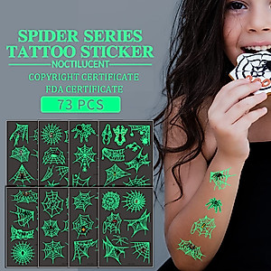 Temporary Tattoos for Kids, 73PCS Luminous Halloween Spider Web Glow in the Dark Fake Tattoos, Body Stickers Decorations, Halloween Cosplay Face Makeup Holiday Party Favors Gifts for Adults Spider