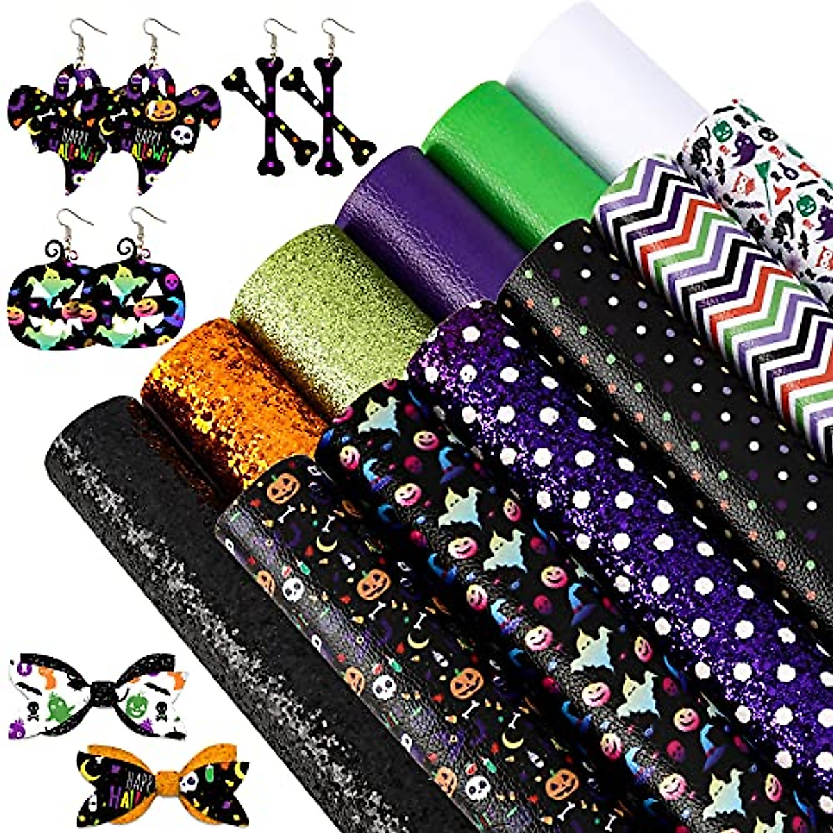 Whaline Halloween Faux Leather Sheets 8 x 12 Inch Pumpkin Ghost Dots Synthetic Leather Fabric Glittery Black Orange Green Faux Leather for Halloween DIY Craft Earring Hair Bow, 12 Sheet