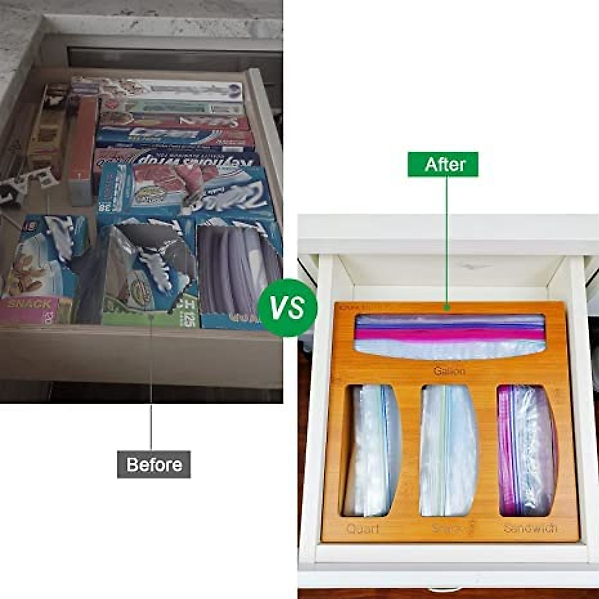 HMNL INC HOME Ziplock Bag Storage Organizer for Cabinet Drawer, Baggie Organizer Box and Ziploc Bag Organizer, Hefty For Ziploc, Gallon, Quart, Sandwich & Snack Variety Size Bags