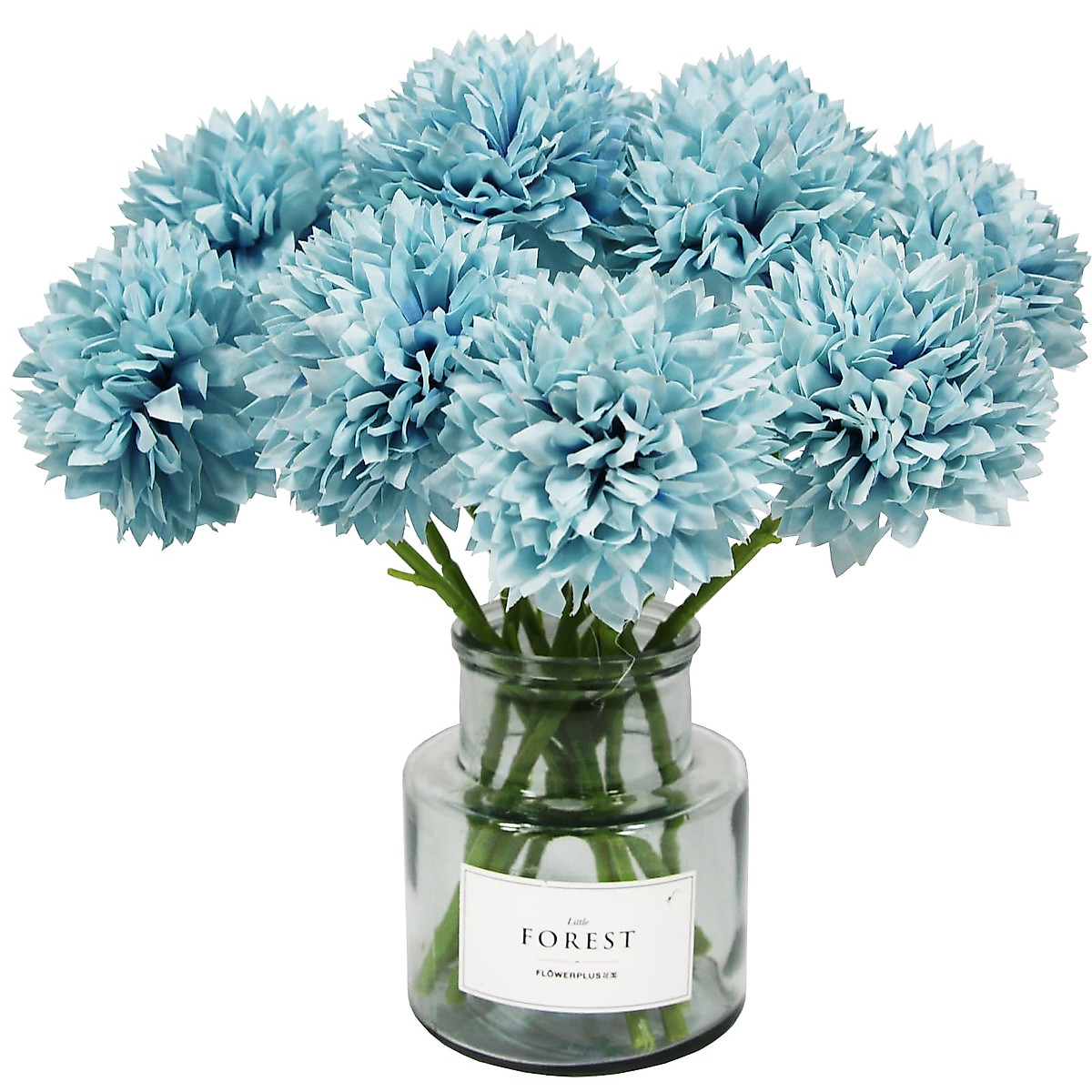 Tinsow 12 Pcs Artificial Flowers Faux Ball Chrysanthemum Bouquet Silk Light Blue Flowers Bridal Wedding Bouquet for Home Easter Party Wedding Decoration (Light Blue, 12)