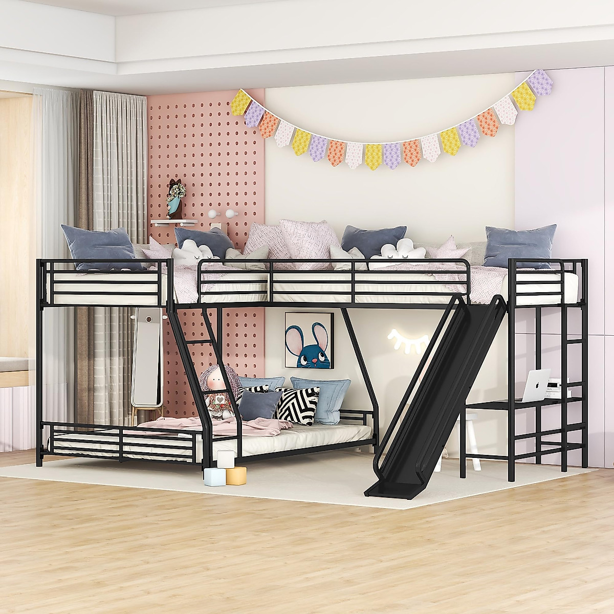 Triple Bunk Beds, L-Shape Twin Over Full Bunk Bed Attached a Loft Bed with Desk, Triple Bunk Beds with Slide, Metal Corner Bunk Bed Frame for Three Kids Boys Girls Teens, Black