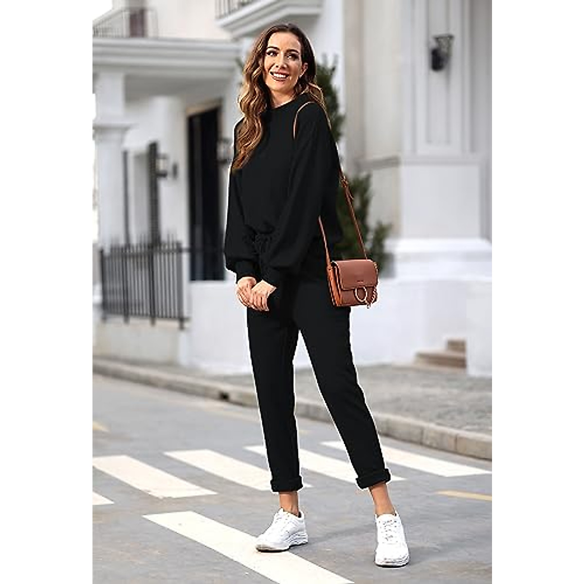 Women's 2 Piece Pant Set Sweatsuit Long Lantern Sleeve Sweatshirt Jogger Pant Tracksuit Black M