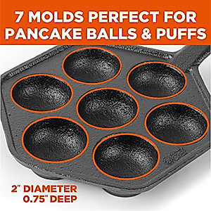 Commercial CHEF Cast Iron Danish Aebleskiver Pan, Preseasoned Cast Iron Cookware for Pancake Puffs, Makes 7 Pancake Balls