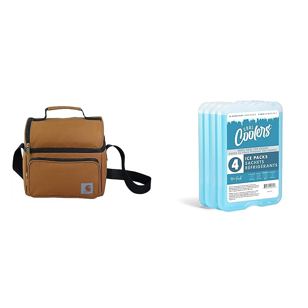 Carhartt Deluxe Dual Compartment Insulated Lunch Cooler Bag, Carhartt Brown & Fit & Fresh XL Cool Coolers Freezer Slim Ice Pack for Lunch Box, Set of 4, Xtra Large, Blue, 4 count (Pack of 1)
