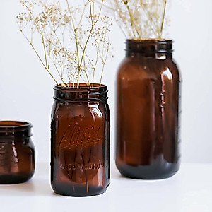 Polytun Amber Glass Mason Jars 32 oz Wide Mouth with Airtight Lids and Bands 6 Pack, Amber Clear Glass Canning Mason Jars, Quart Mason Jars (Set of 6) (Wide Mouth)