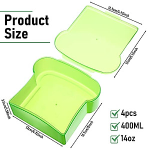 Meanplan 4 Pcs Sandwich Containers Sandwich Box Food Storage Toast Shape Holder Plastic Bread Sandwich Keeper Prep Microwave Dishwasher Safe, 14 oz(Bright Color)