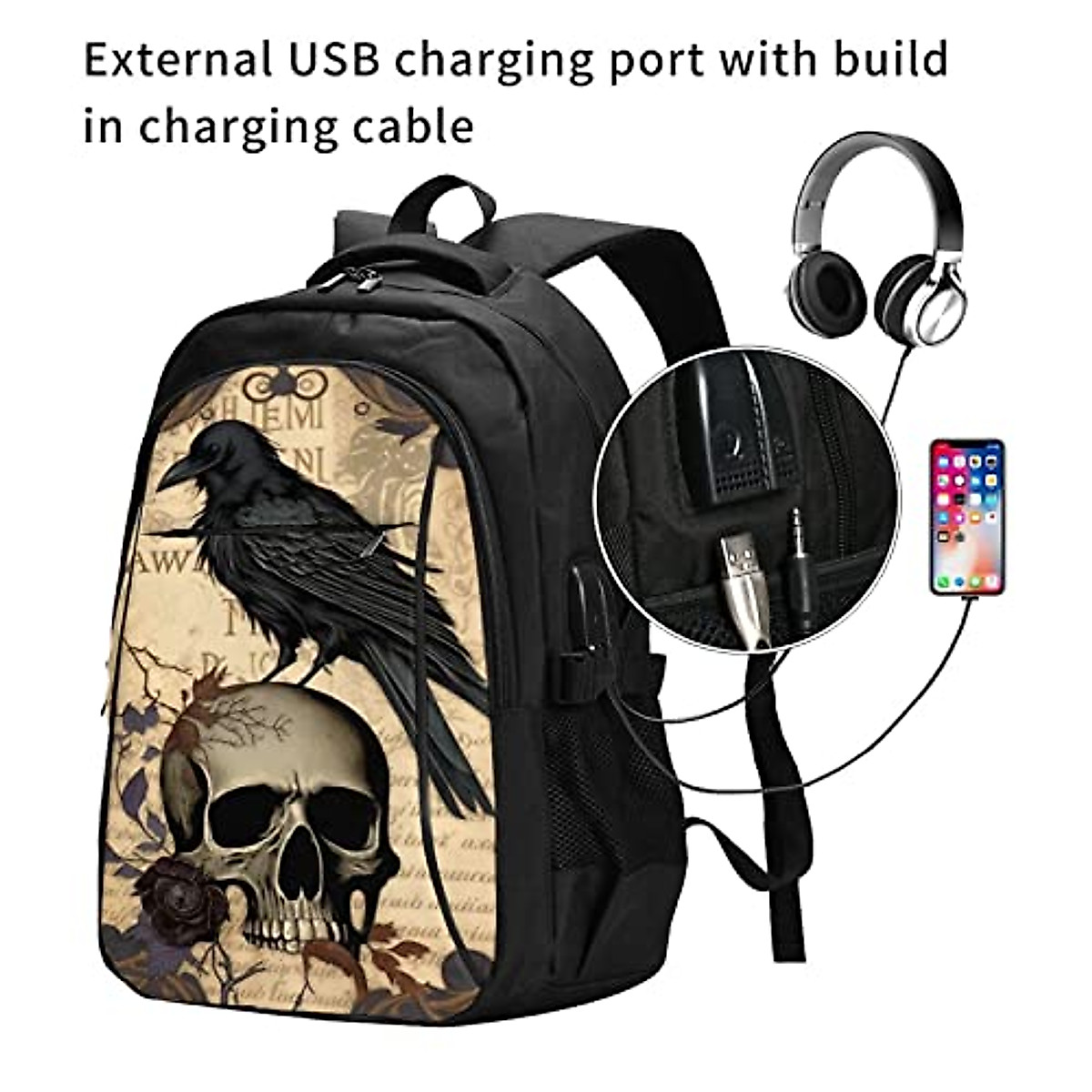 FYCFSLMY Edgar Allan Poe The Raven Skull Laptop Backpack, Travel Backpack With Usb Charging Port, Computer Bag For Men Women