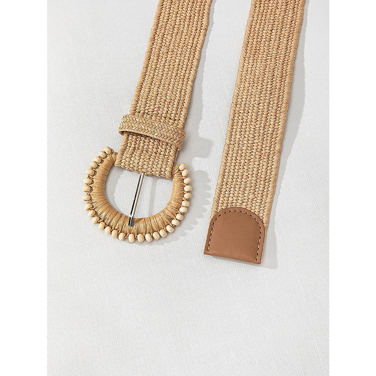 Verdusa Women's Round Buckle Straw Belts Boho Braided Waist Belt Khaki 100