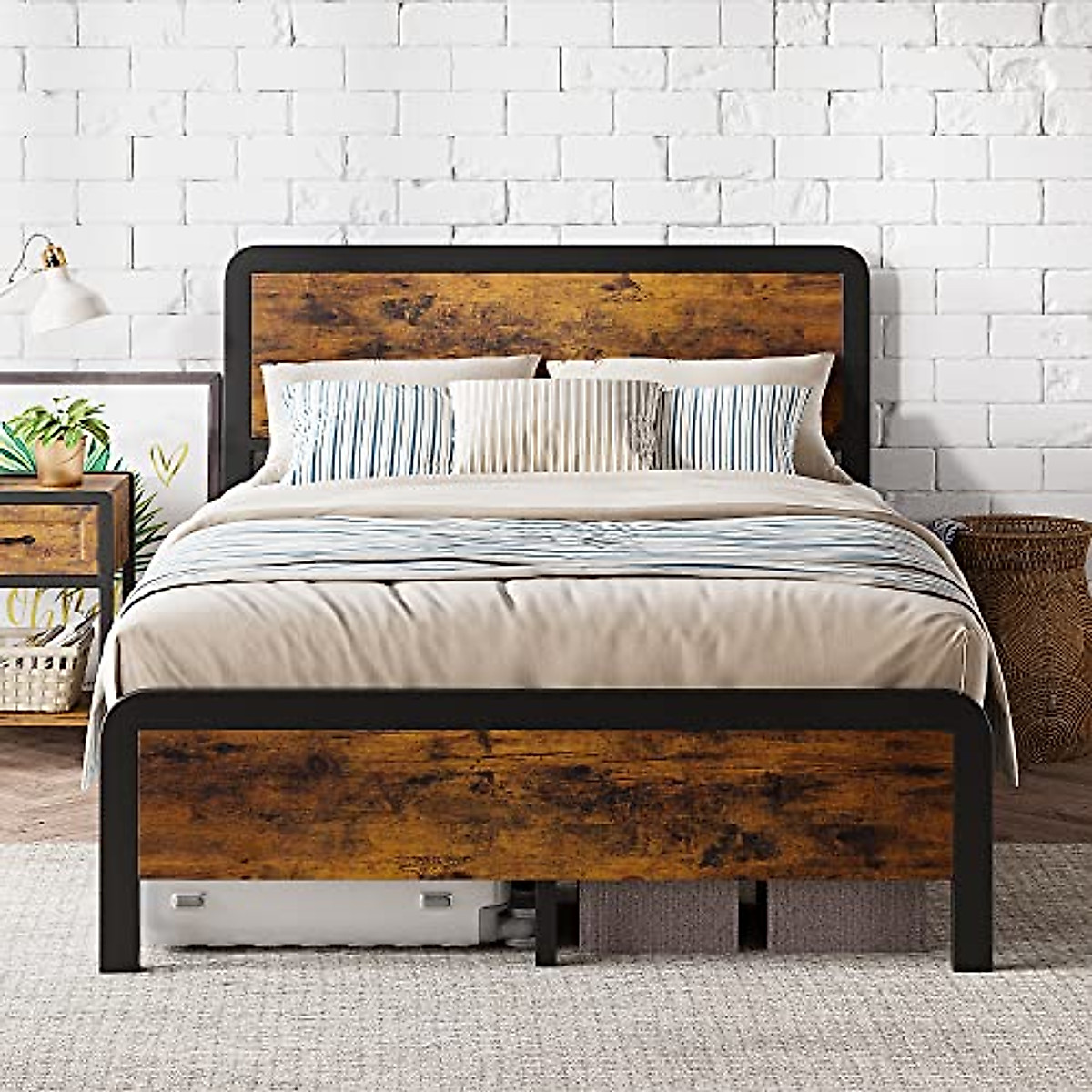 IDEALHOUSE Full Bed Frame with Headboard, Platform Bed Frame with Safe Rounded Corners & Strong Metal Slats Support, Mattress Foundation/Noise-Free/No Box Spring Needed