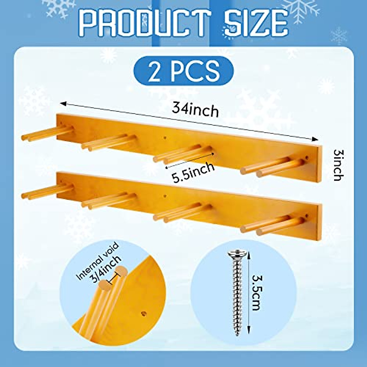 2 Pcs Timber Wall Mounted Ski Rack for Garage Wall Wood Ski Wall Mount Wooden Snowboard Rack Wall Mount Vertical Ski Holder Indoor Ski Storage Racks for 8 Pairs of Skis Home Garage Hanging System