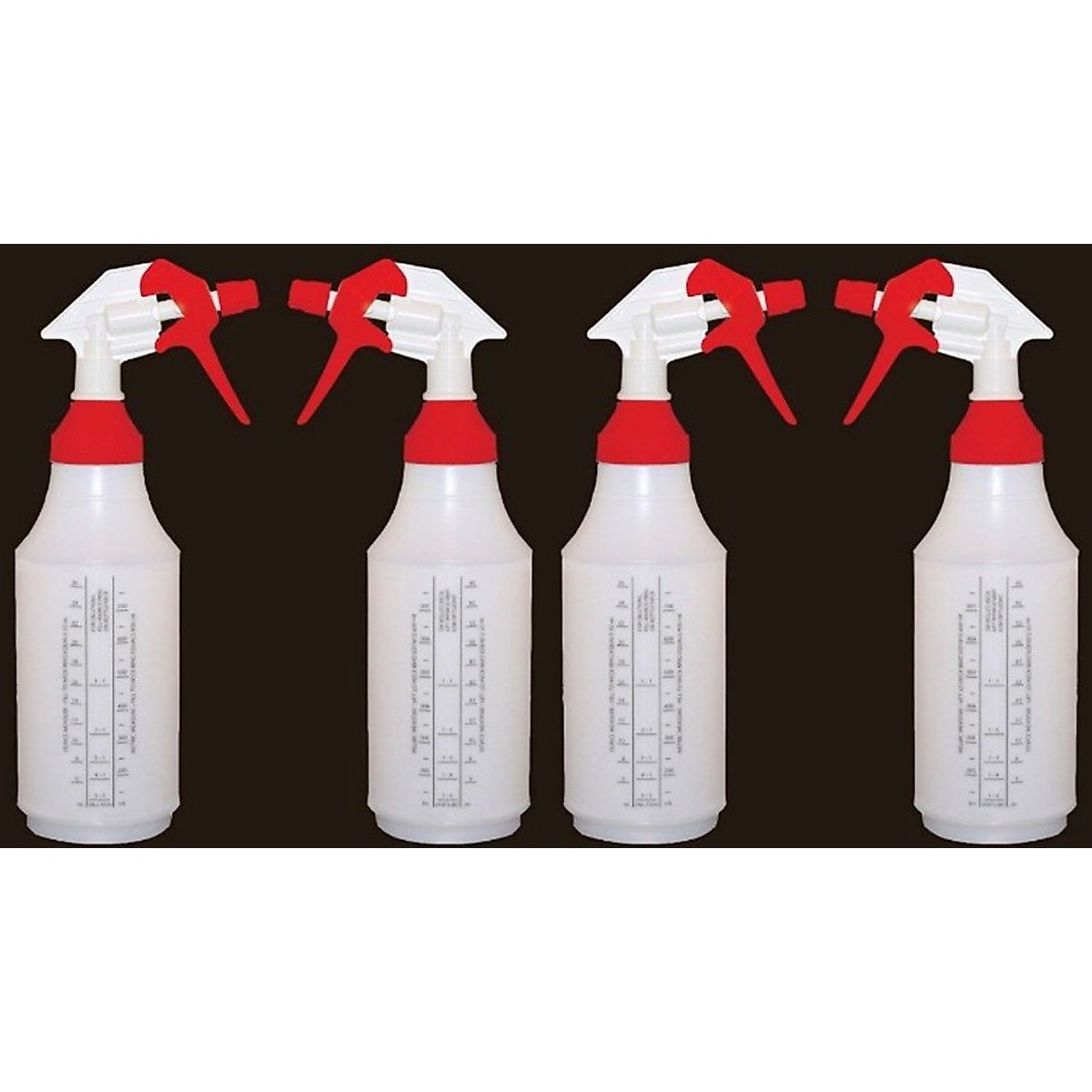 Spray Bottles with Large Top for Easy Filling, Reusable, 32oz, 4 Complete Bottles, with Scale on Side of Bottle for Easy Filling, Part# WM83233-WM04-RED (Red & White Sprayer Top)