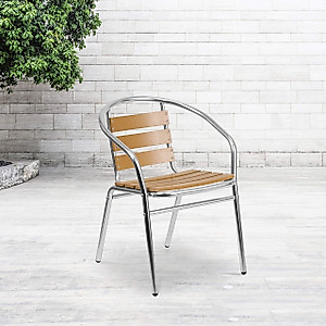 EMMA + OLIVER Aluminum Indoor-Outdoor Stack Chair w/Triple Slat Faux Teak Back