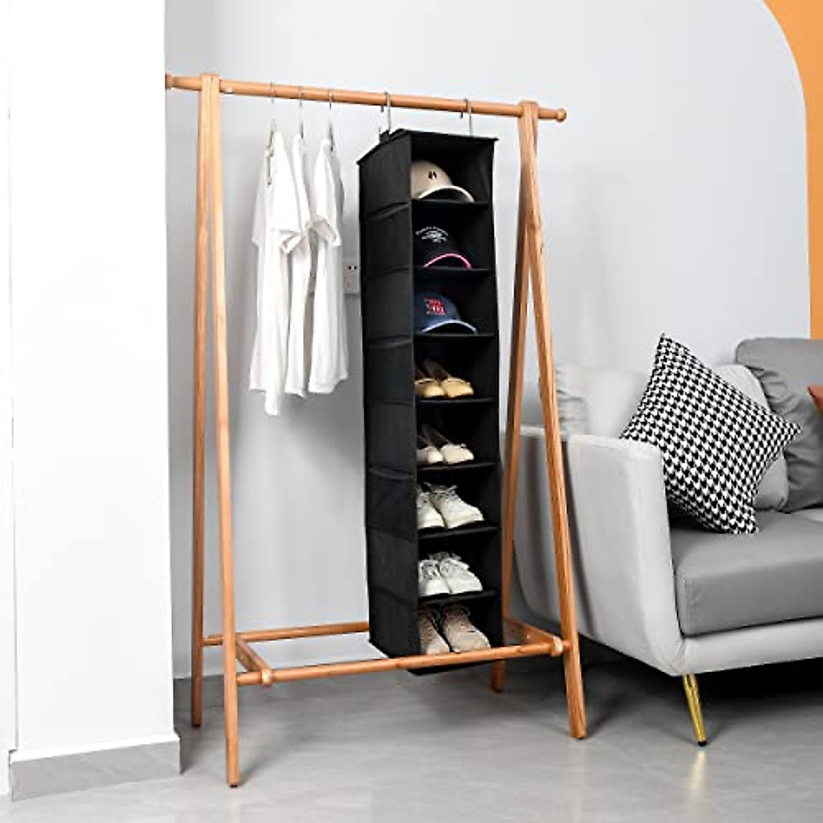 Berdeng Hanging Shoe Organizer for Closet with Side Mesh Pockets，Hat Racks for Baseball Caps，Shoe and Hat Holder & Storage，8-Shelf，Black，1 pack