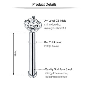 Zolure 20 Gauge Nose Stud Rings Surgical Steel Nose Pin Bone Studs Nose Piercing Jewellery Set Silver