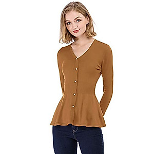 Allegra K Women's Peplum Sweater Ribbed V Neck Long Sleeve Knit Peplum Tops X-Small Brown