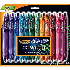BIC Gel-ocity Quick Dry (Dries Up To 3x Faster) SUPER BRIGHT COLORS 24 Pack, Smear Free, Assorted Colors Retractable Gel Pens, Medium Point 0.7mm, Colorful Pens for adults Women & Men