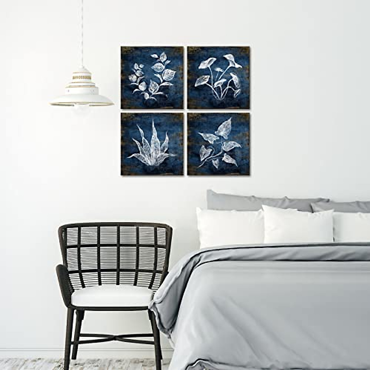 KLVOS Leaf Picture Wall Art Prints Navy Blue Tropical Plant Green Leaf Inspirational Canvas Prints Artwork Rustic Natural Leaves Framed Wall Decor for Bathroom Bedroom Living Room