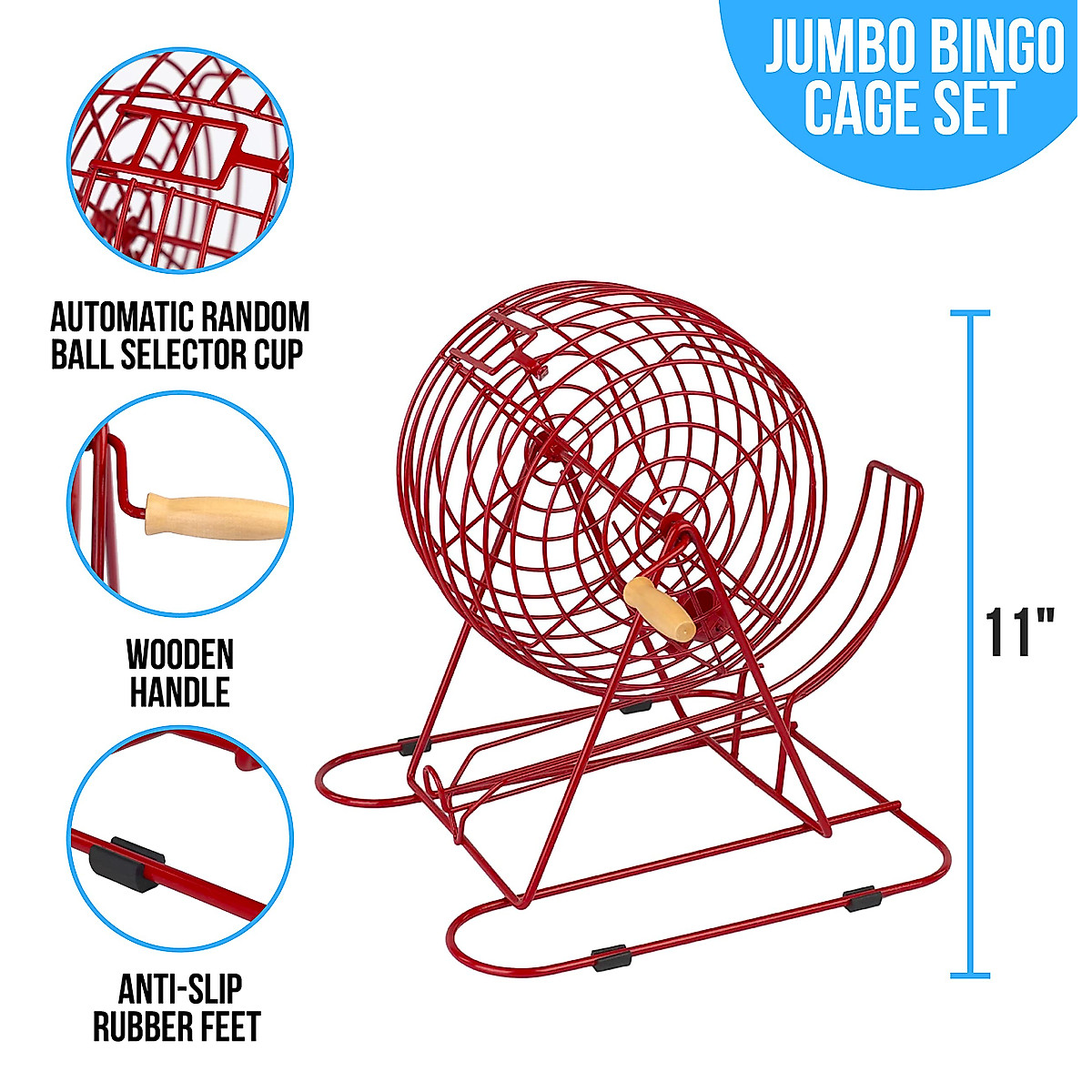 Regal Bingo Professional Bingo Game Set with 11" Wheel Cage, 75 Bingo Balls, Master Board, 18 Bingo Cards & 25 Jumbo Reusable Cards, and Colorful Chips - Bingo Games for Adults Large Group - Red