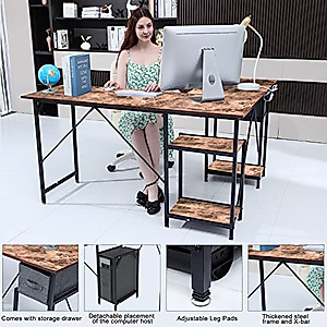 DLIUZ L Shaped Desk with Drawers，Computer Desk is Reversible Corner Large Gaming pc Table with USB Charging Port and Power Outlet,Long Writing Study Table with Shelve Suitable for 2 People Working