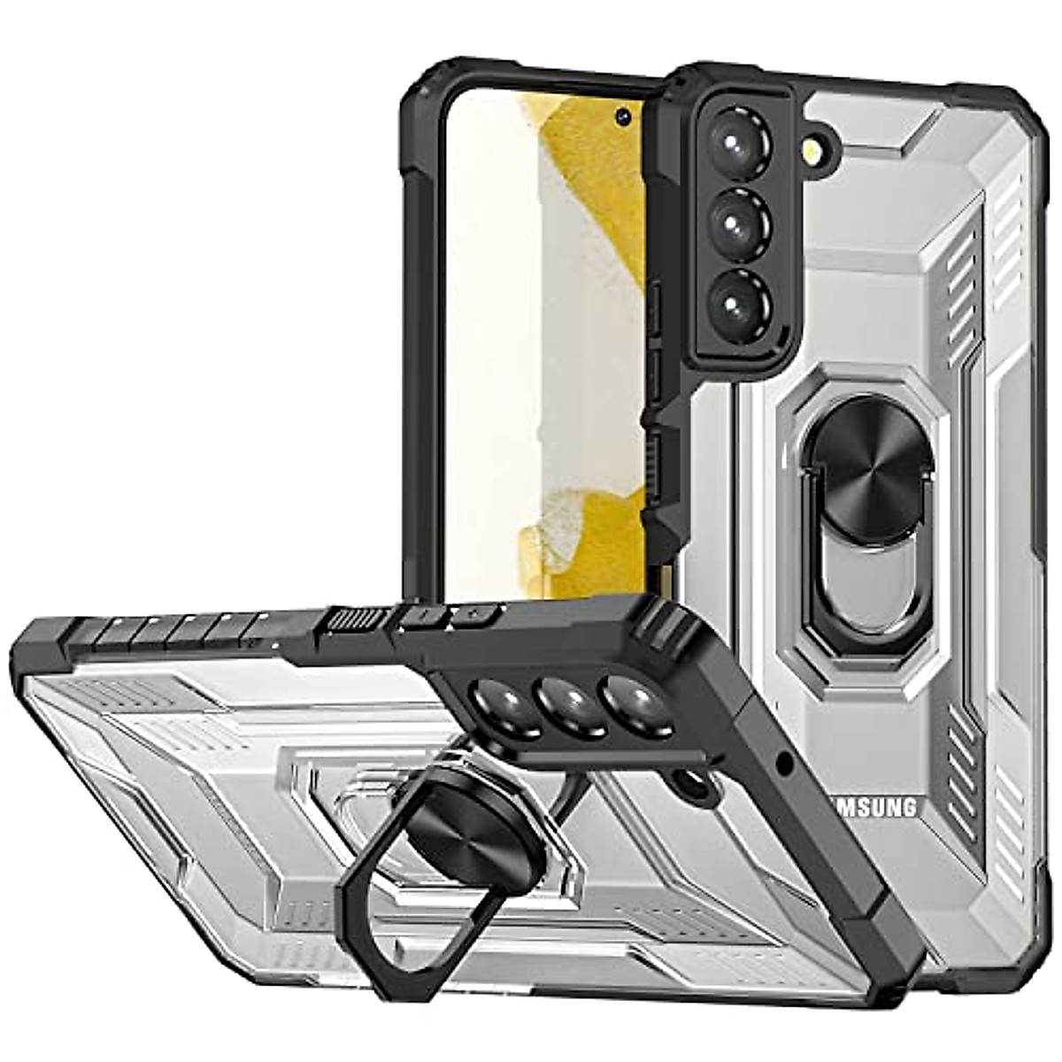 Monwutong Ring Holder Case for Samsung Galaxy S22 Plus, Hard PC Armor Case with Military Grade Shockproof Protection and Magnetic Absorption Kickstand Shell for Samsung Galaxy S22 Plus, ZHW Black