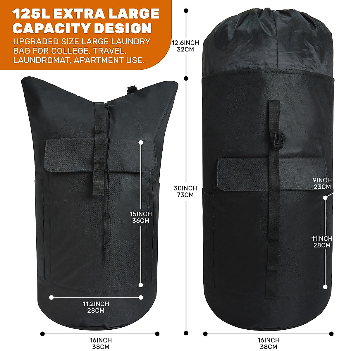 Twira 125L Backpack Laundry Bag, Large Laundry Bag with Adjustable Padded Strap, Travel Laundry Bag with 4 Pockets, Laundry Backpack with Drawstring Closure for College, Apartment (Black)