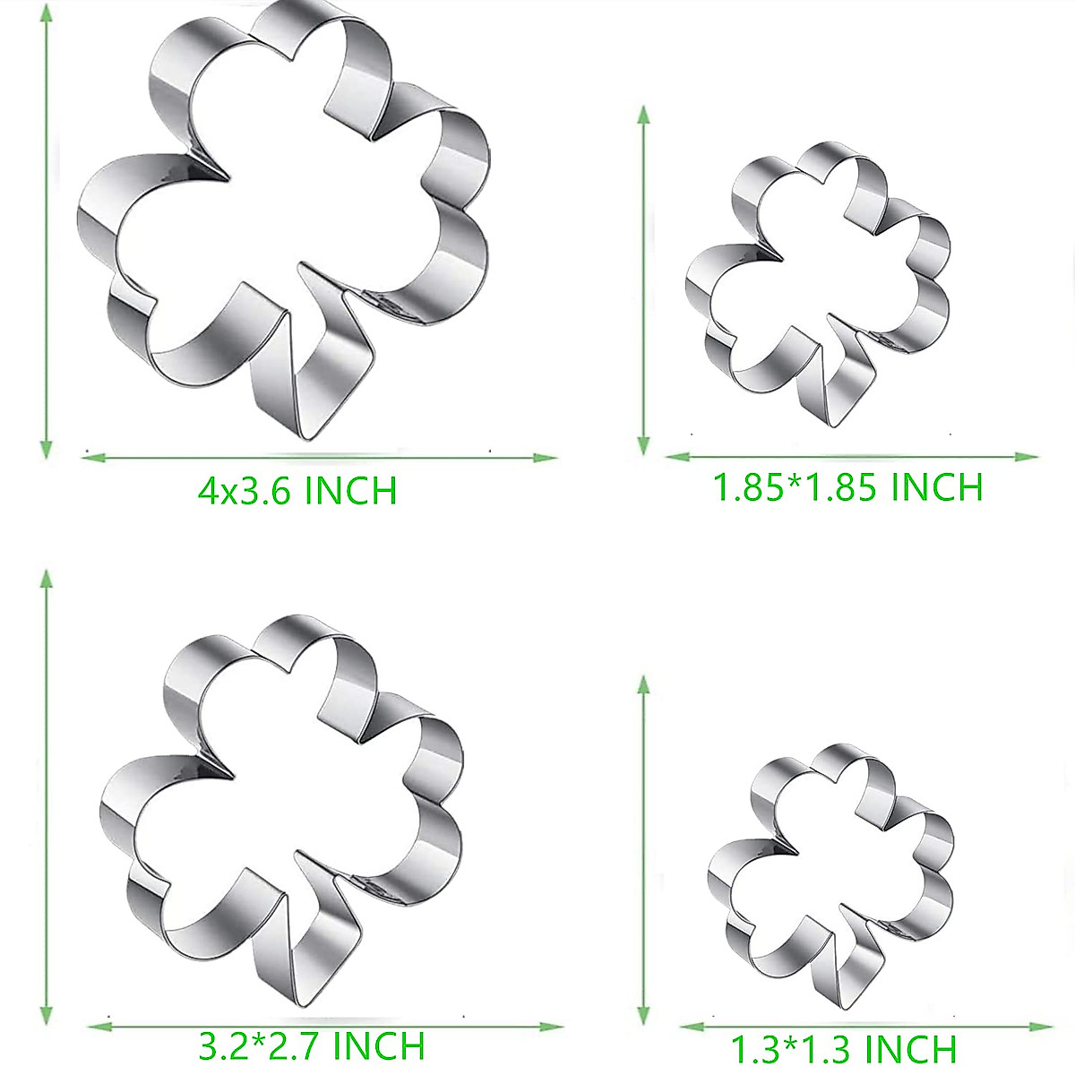 Clover Cookie Cutter Set, 4-Piece Patrick's Day Shamrock Cookie Cutter Set, Irish Holiday Party Supplies4'', 3.2'', 1.85'', 1.3''