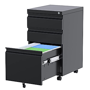LOCENHU 3-Drawer Locking Metal File Cabinet for Home Office,Easy to Move,Durability and Stable,Under-Desk Filing Cabinet with Legal/Letter Size Drawer,Fully Assembled,Black
