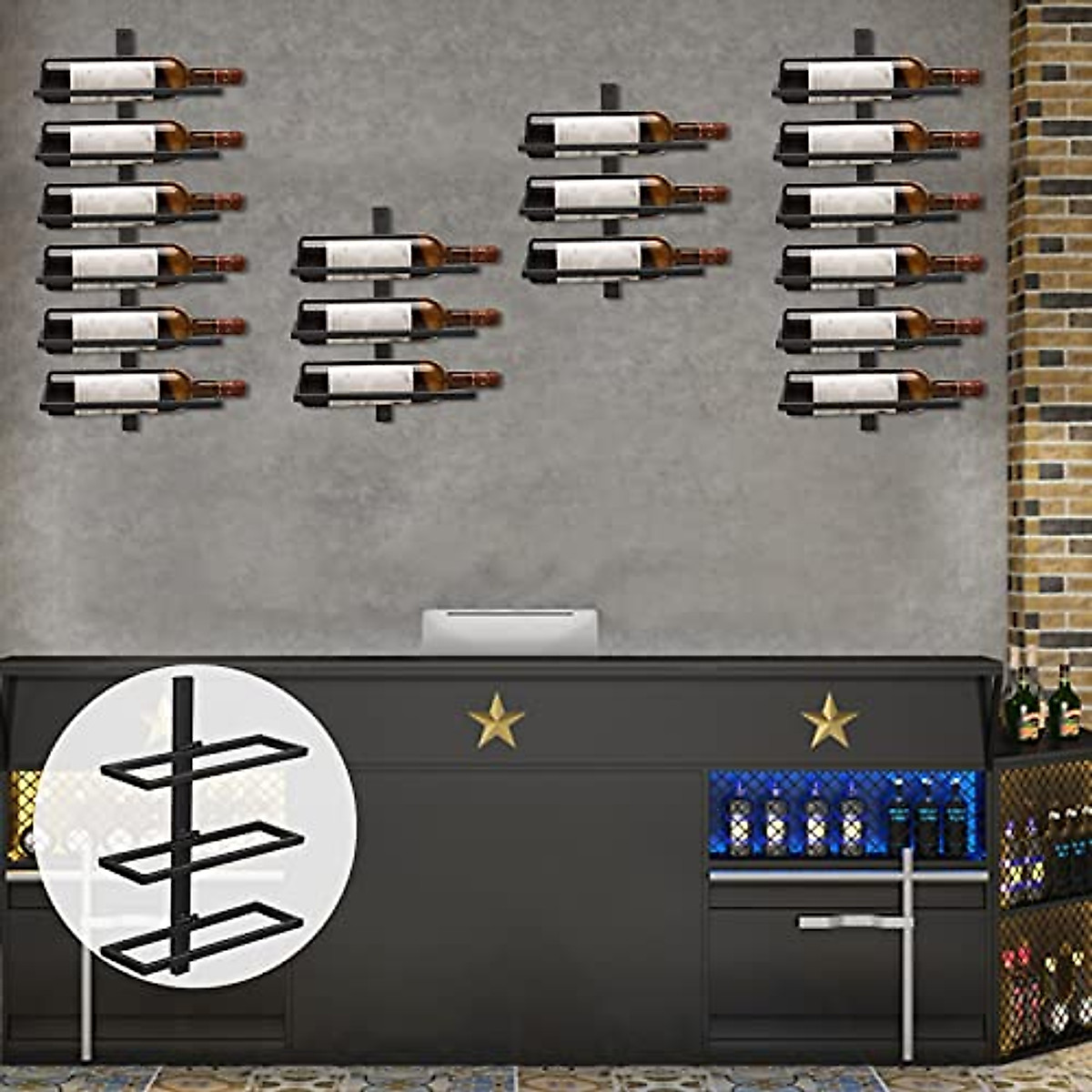 Wall Mounted Wine Bottle Rack Holder Storage Organizer, Industrial Metal Hanging Wine Display Shelf Holds 9 Bottles, Separable Wall Wine Rack for Wine Theme Decor Beverages Liquor Bottle Storage