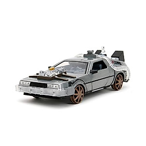Delorean Brushed Metal Time Machine (Train Wheel Version) with Lights Back to The Future Part III (1990) Movie Hollywood Rides Series 1/24 Diecast Model Car by Jada 34996