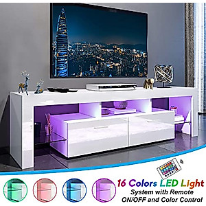 Binrrio Modern TV Stand with 16 Colors LED Light for TV up to 70 Inches, High Glossy TV Cabinet Media Storage Entertainment Center Console Table with Drawer and Shelves for Living Room Bedroom