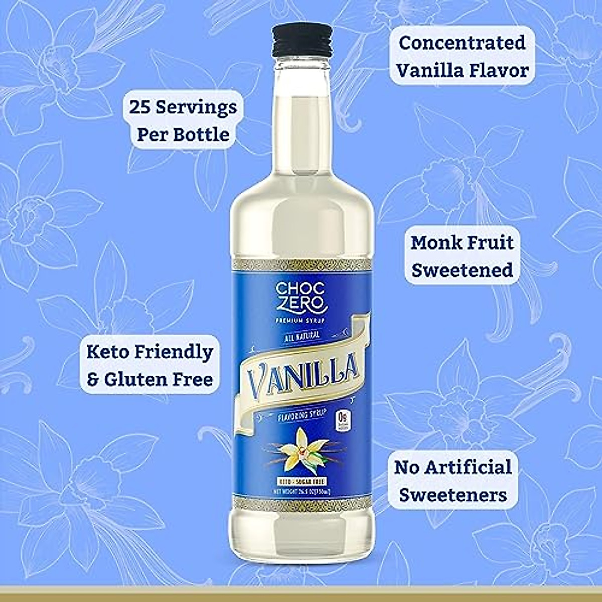 ChocZero Sugar Free Vanilla Syrup for Coffee - Keto Flavoring Syrups - Low Calorie Simple Syrup for Flavored Drinks (26.5 ounce bottle/750ml)